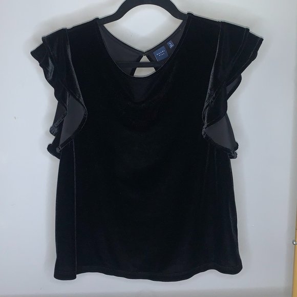 Kaari Blue | Tops | Navy Blue Velvet Frill Short Sleeve Blouse Top ...